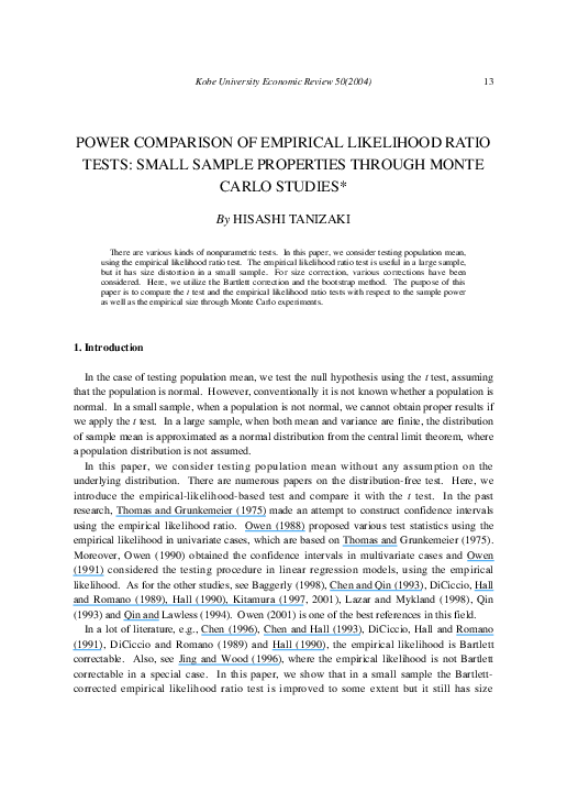 Pdf Power Comparison Of Empirical Likelihood Ratio Tests Small