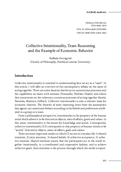 (PDF) Collective Intentionality, Team Reasoning and the Example of ...