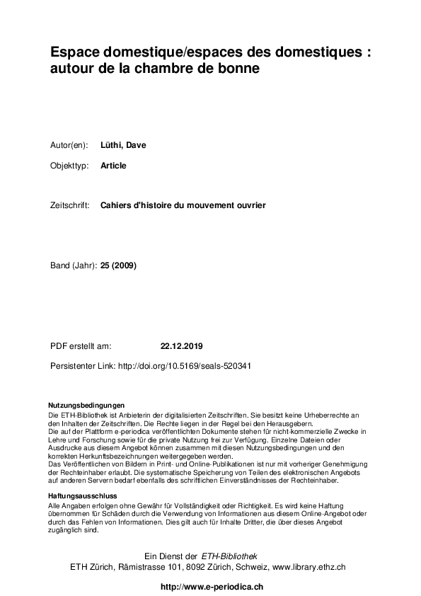 (PDF) Dave Lüthi, "Espace domestique/espaces des domestiques : autour ...