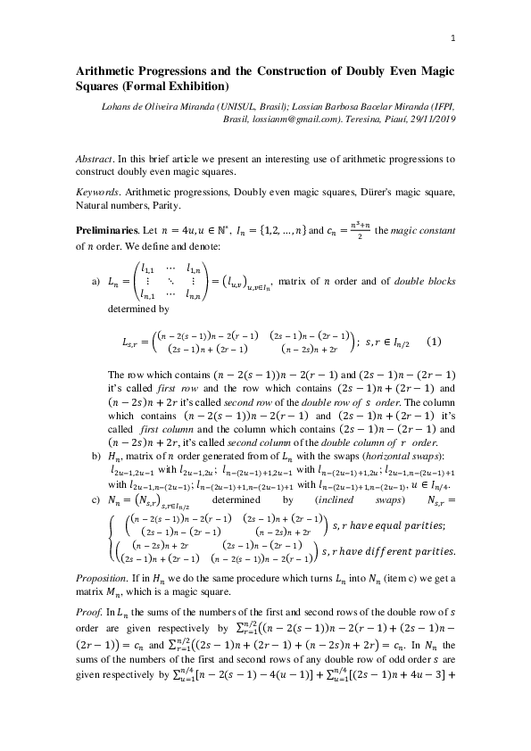 (PDF) Arithmetic Progressions and the Construction of Doubly Even Magic Squares (Formal Exhibition)