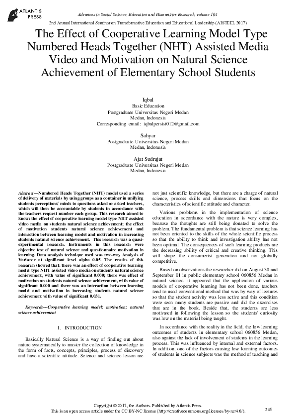 (PDF) The Effect of Cooperative Learning Model Type Numbered Heads Together (NHT) Assisted Media ...