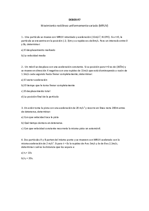 (PDF) DEBER #7 Movimiento rectilíneo uniformemente variado (MRUV