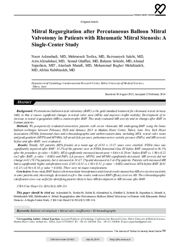 (PDF) Mitral regurgitation after percutaneous balloon mitral valvuloplasty in adults: Evaluation ...