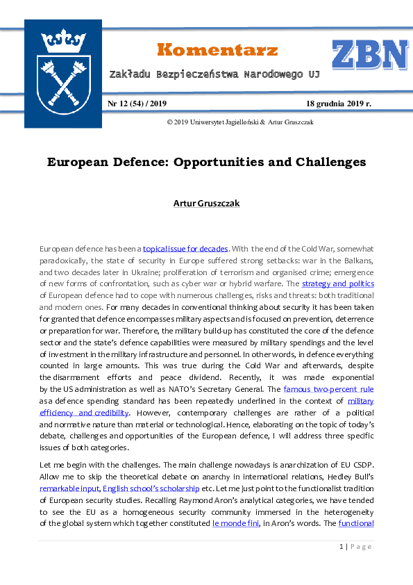 (PDF) European Defence: Opportunities and Challenges