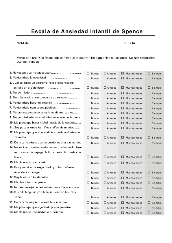 (PDF) Escala Ansiedad Infantil de Spence
