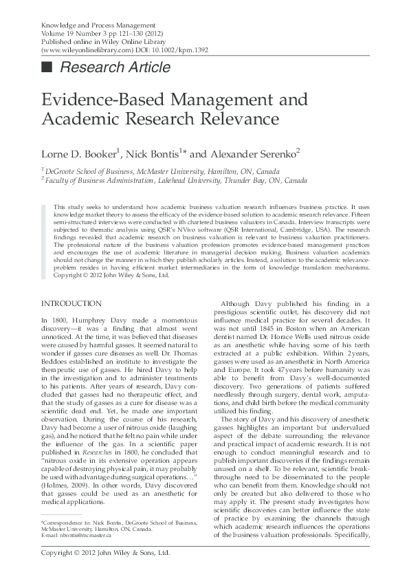 (PDF) Evidence-Based Management and Academic Research Relevance