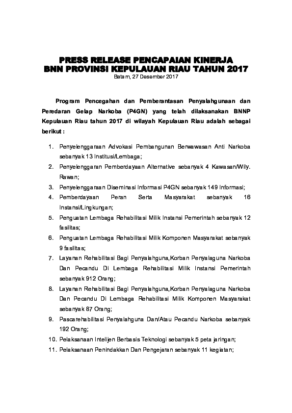 Pres rilis akhir tahun 2017 BNNP kepri