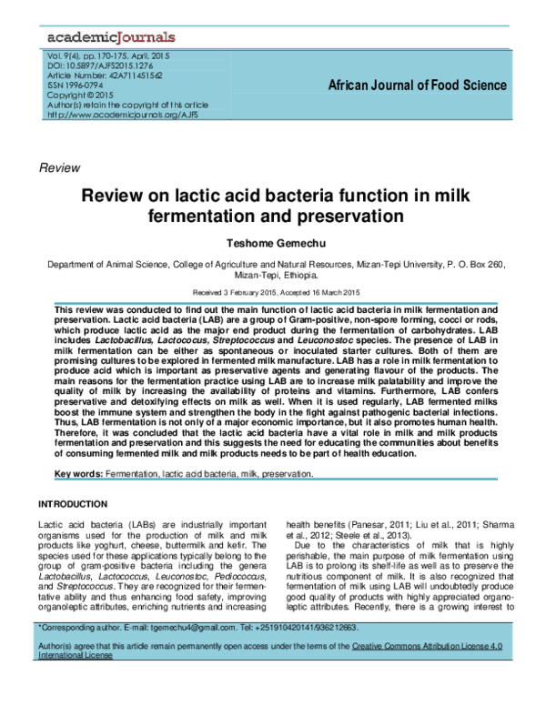 (PDF) African Journal of Food Science Review Review on lactic acid ...