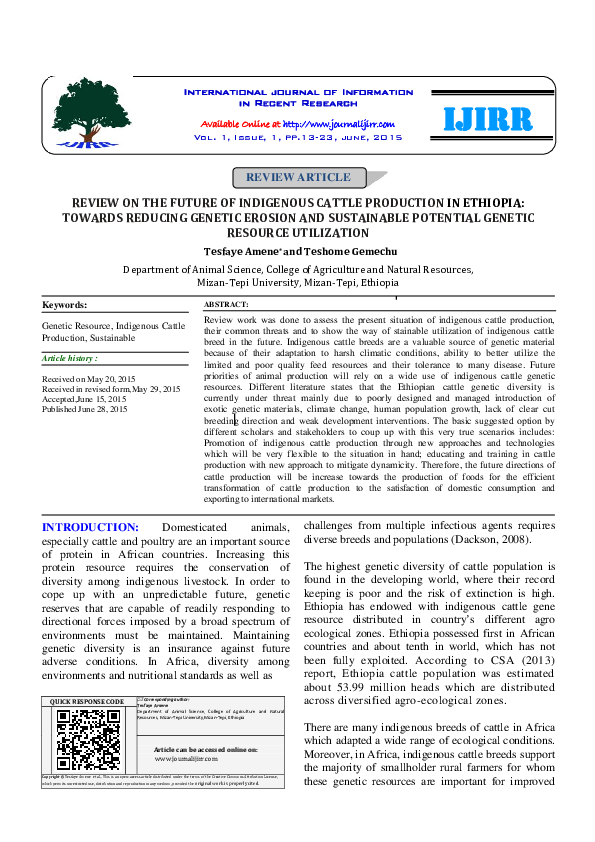 (PDF) REVIEW ON THE FUTURE OF INDIGENOUS CATTLE PRODUCTION IN ETHIOPIA: TOWARDS REDUCING GENETIC ...