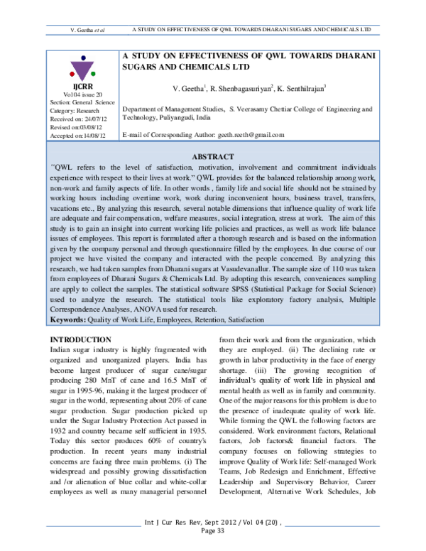 (PDF) V. Geetha et al A STUDY ON EFFECTIVENESS OF QWL TOWARDS DHARANI ...