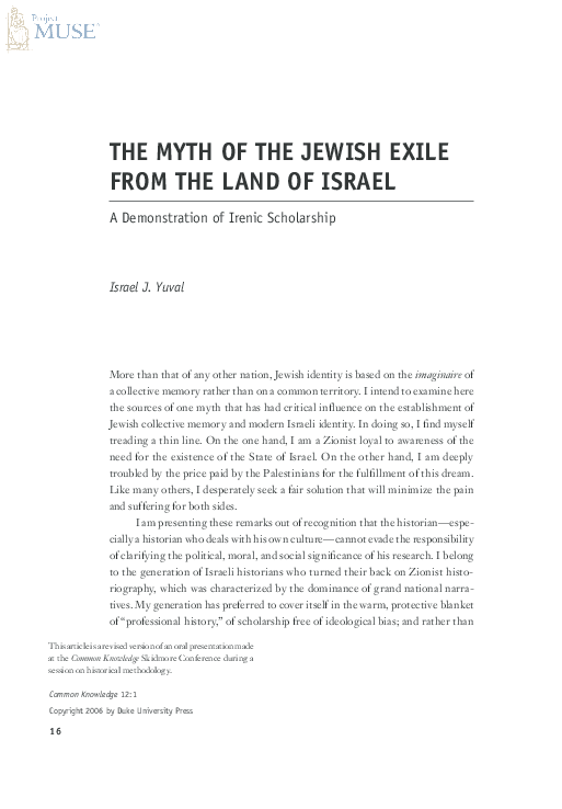 (PDF) Israel Jacob Yuval, “The Myth of the Jewish Exile from the Land ...