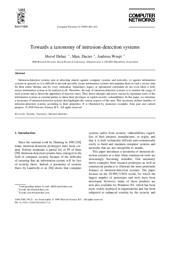 (PDF) Towards a taxonomy of intrusion-detection systems