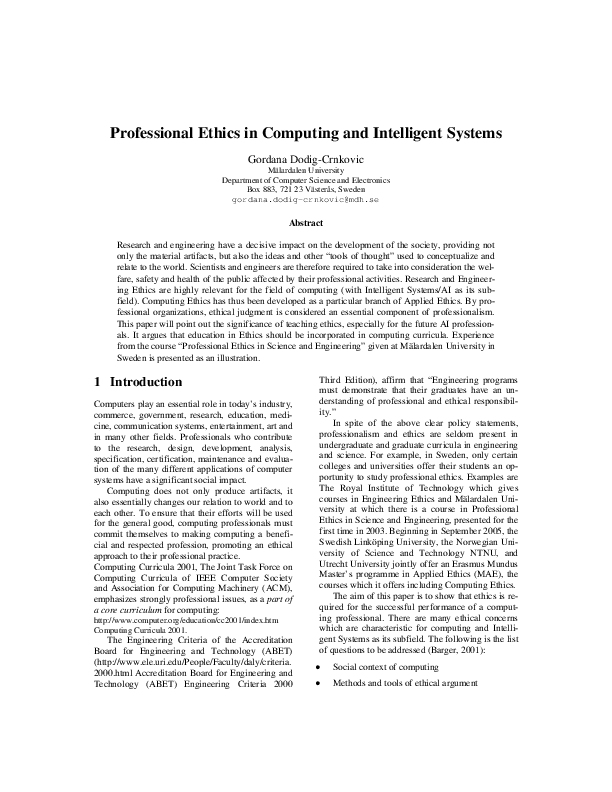 (PDF) Professional Ethics In Computing and Intelligent Systems