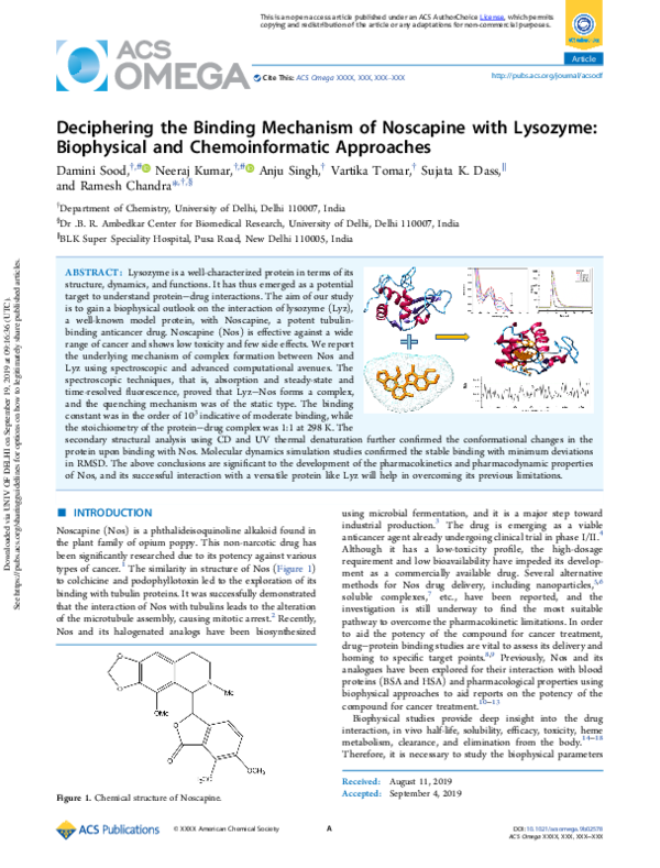 (PDF) Deciphering the Binding Mechanism of Noscapine with Lysozyme: Biophysical and ...
