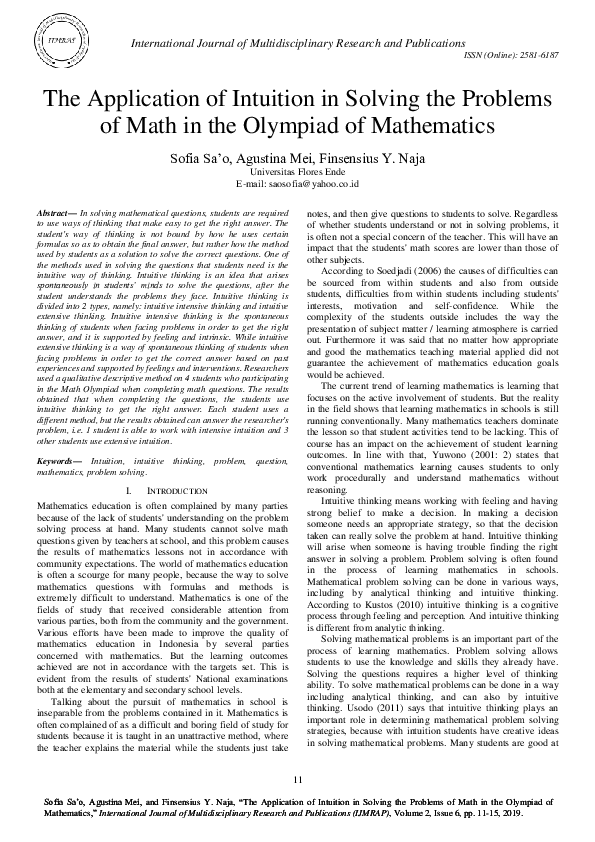 (PDF) The Application of Intuition in Solving the Problems of Math in the Olympiad of Mathematics