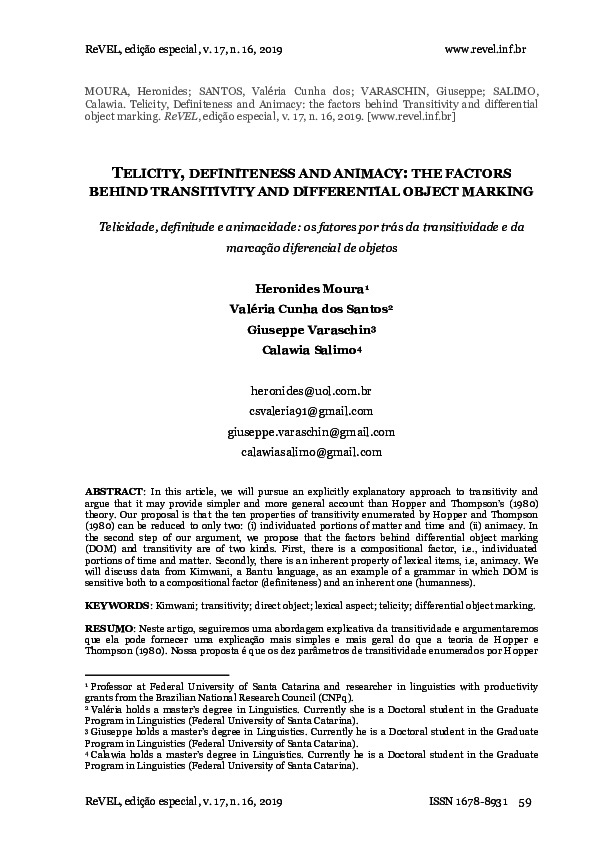 (PDF) TELICITY, DEFINITENESS AND ANIMACY: THE FACTORS BEHIND ...