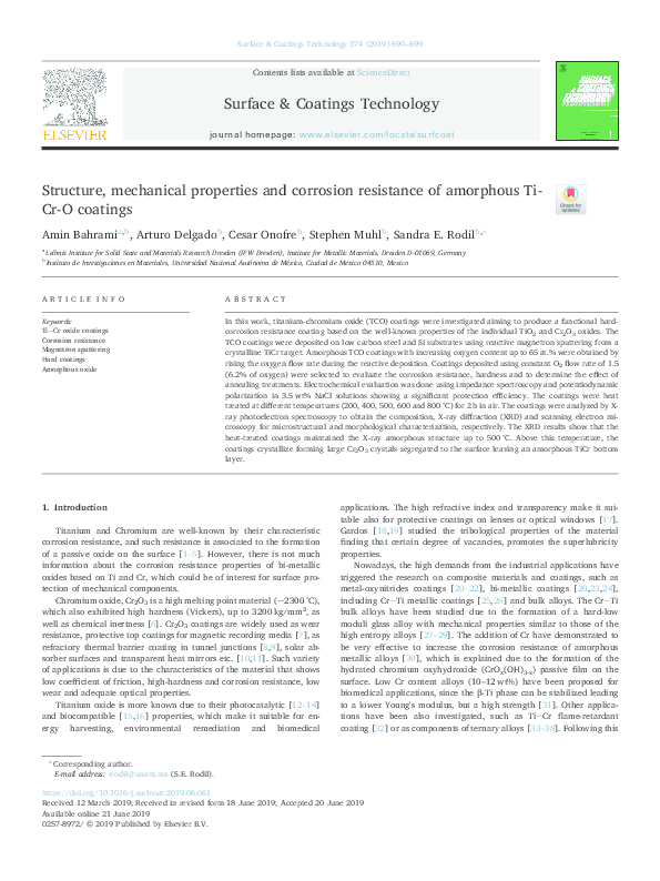 (PDF) Structure, mechanical properties and corrosion resistance of amorphous Ti-Cr-O coatings
