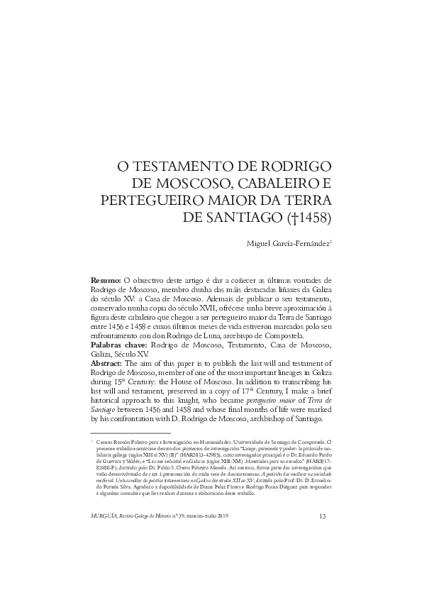 (PDF) O testamento de Rodrigo de Moscoso, cabaleiro e pertegueiro maior ...