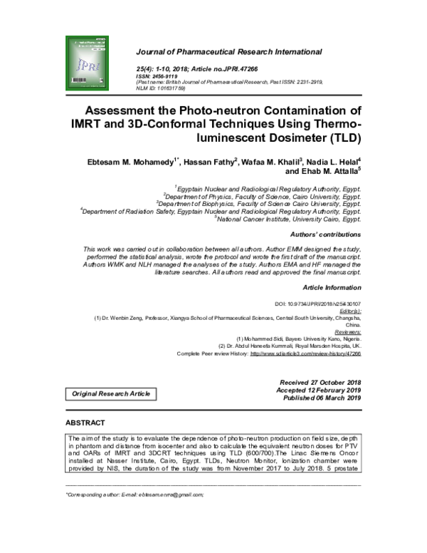 (PDF) Assessment the Photo-neutron Contamination of IMRT and 3D ...