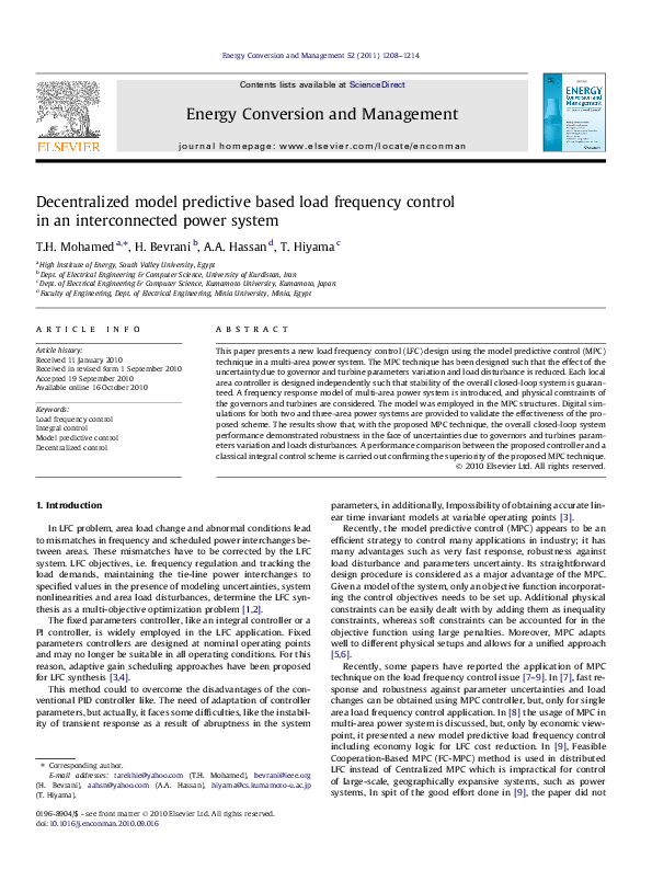 Pdf Decentralized Model Predictive Based Load Frequency Control In An