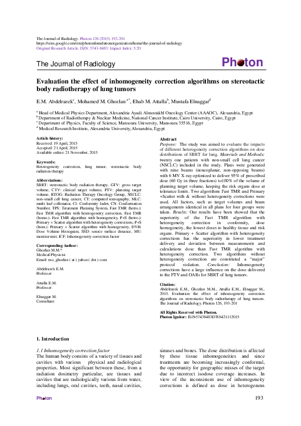 (PDF) Evaluation the effect of inhomogeneity correction algorithms on stereotactic body ...