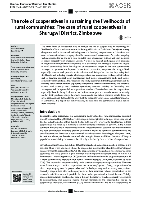 (PDF) The role of cooperatives in sustaining the livelihoods of rural ...
