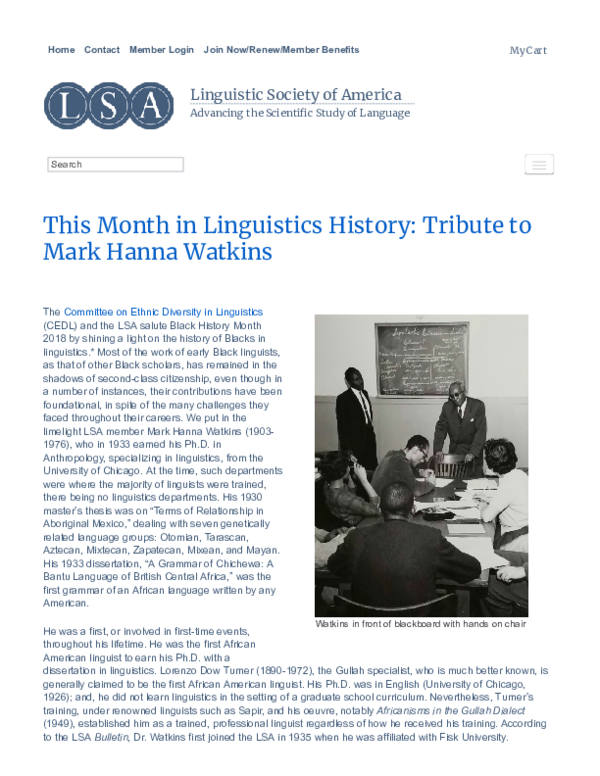 (PDF) This Month in Linguistic History: Tribute to Mark Hanna Watkins