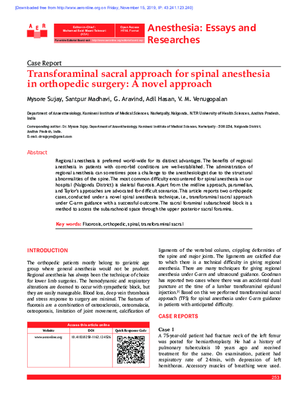 (PDF) Transforaminal sacral approach for spinal anesthesia in ...