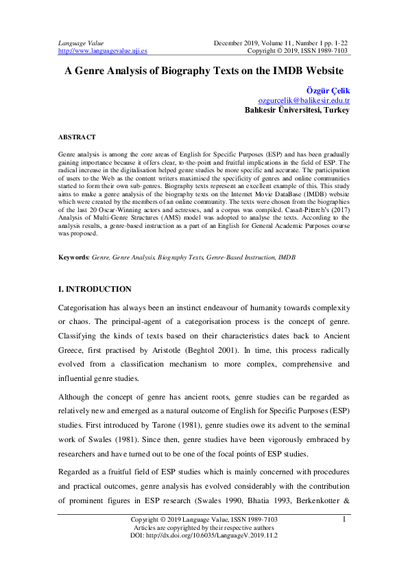 (PDF) A Genre Analysis of Biography Texts on the IMDB Website