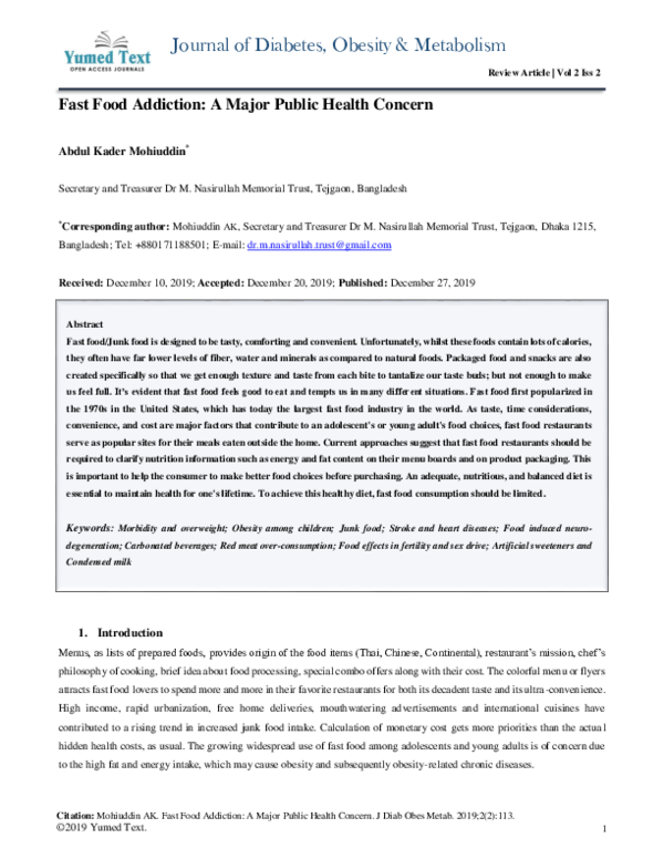 (PDF) Fast Food Addiction: A Major Public Health Concern