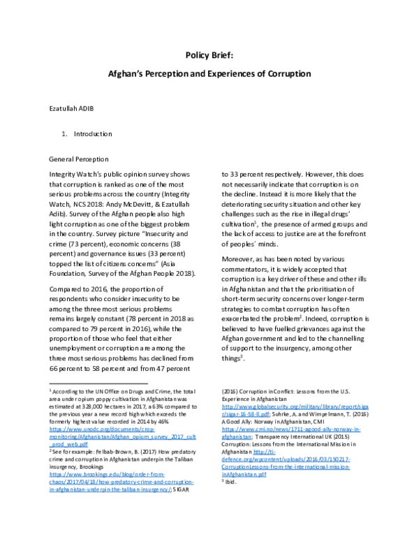 (PDF) Policy Brief: Afghan's Perception and Experiences of Corruption
