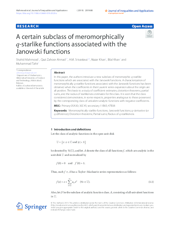 Pdf A Certain Subclass Of Meromorphically Q Starlike Functions Associated With The Janowski