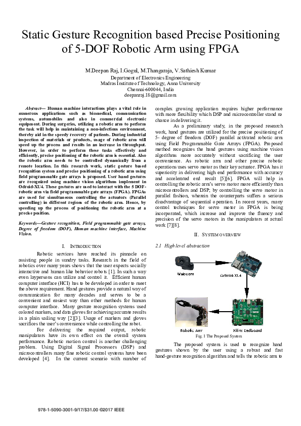Pdf Static Gesture Recognition Based Precise Positioning Of 5 Dof Robotic Arm Using Fpga