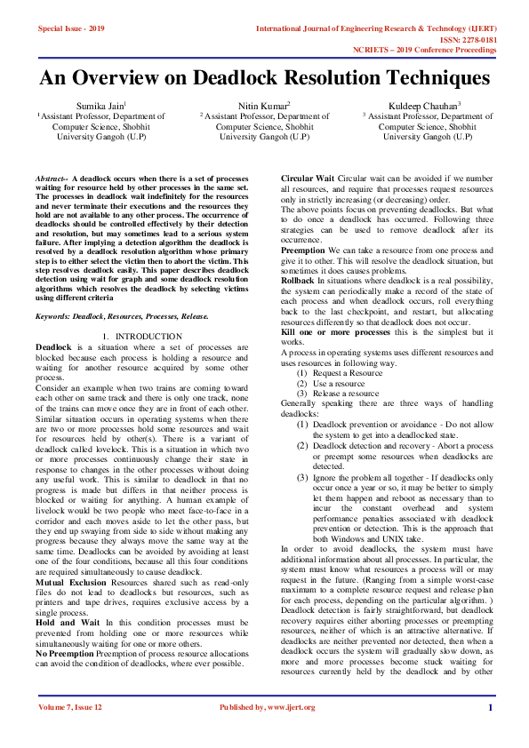(PDF) IJERT-An Overview on Deadlock Resolution Techniques | IJERT Journal - Academia.edu