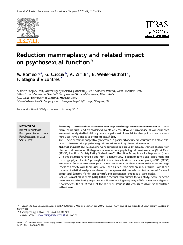 (PDF) Reduction mammaplasty and related impact on psychosexual function
