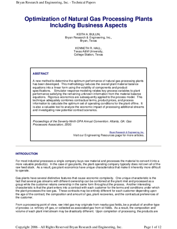 (PDF) Optimization of Natural Gas Processing Plants Including Business ...