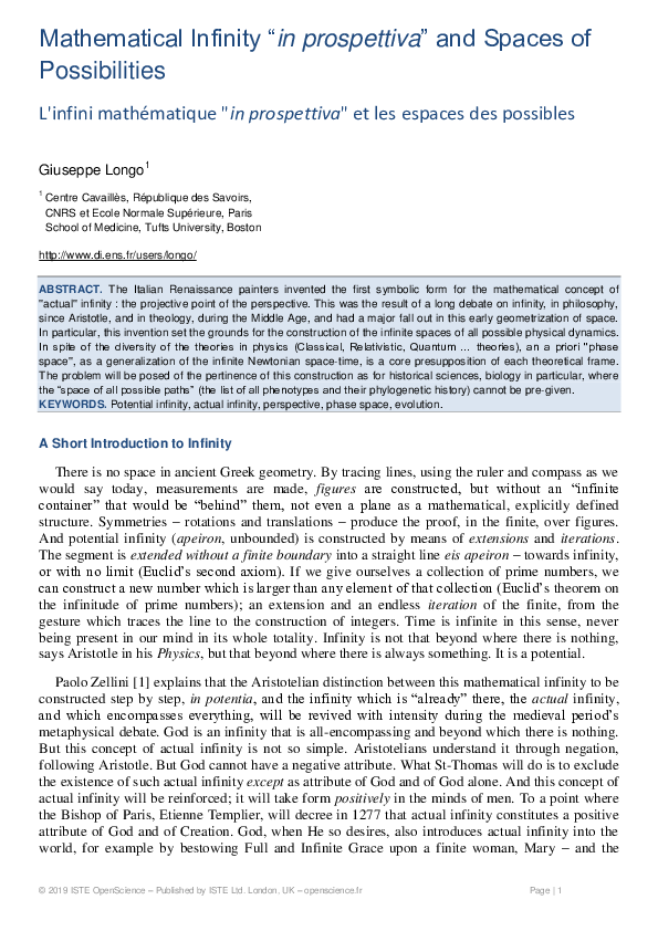 (PDF) Mathematical Infinity "in prospettiva" and Spaces of ...