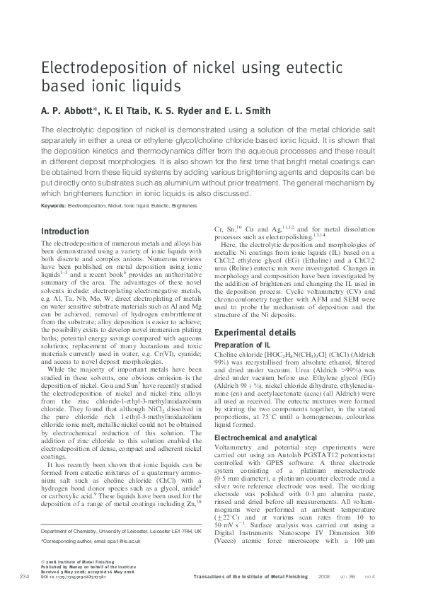 (PDF) Electrodeposition of nickel using eutectic based ionic liquids