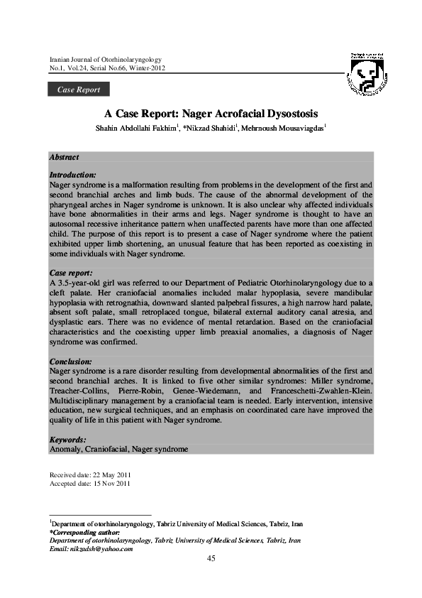 (PDF) A case report: nager acrofacial dysostosis | shahin ...