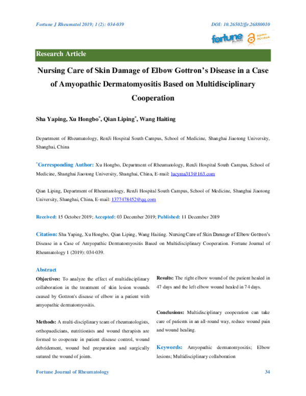 (PDF) Nursing Care of Skin Damage of Elbow Gottron's Disease in a Case ...