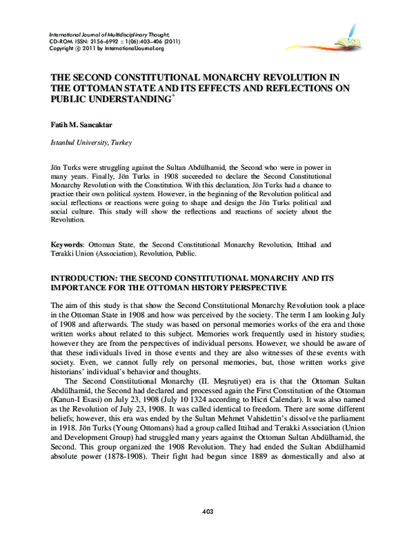 (PDF) THE SECOND CONSTITUTIONAL REVOLUTION IN THE OTTOMAN STATE AND ITS ...