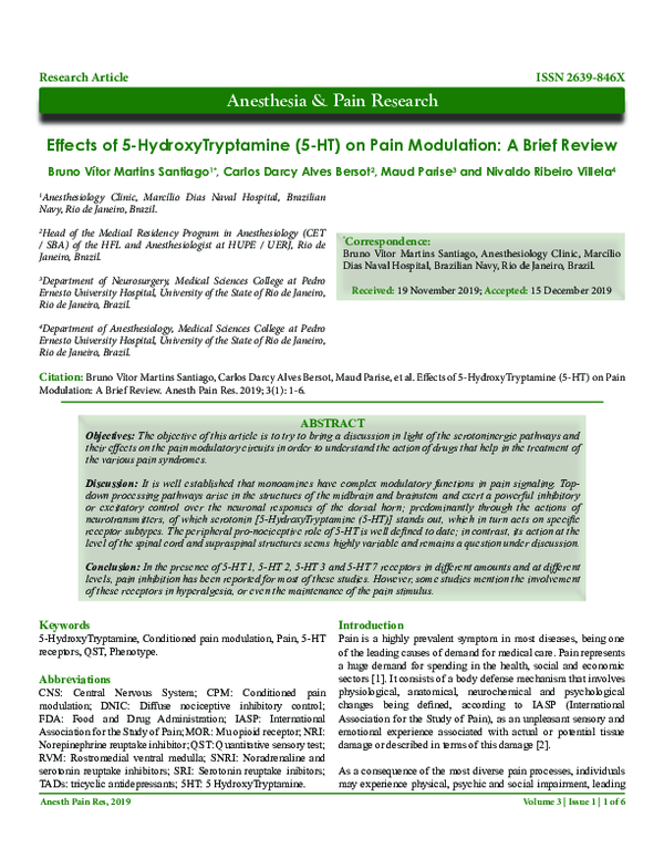 (PDF) Effects of 5-HydroxyTryptamine (5-HT) on Pain Modulation: A Brief ...