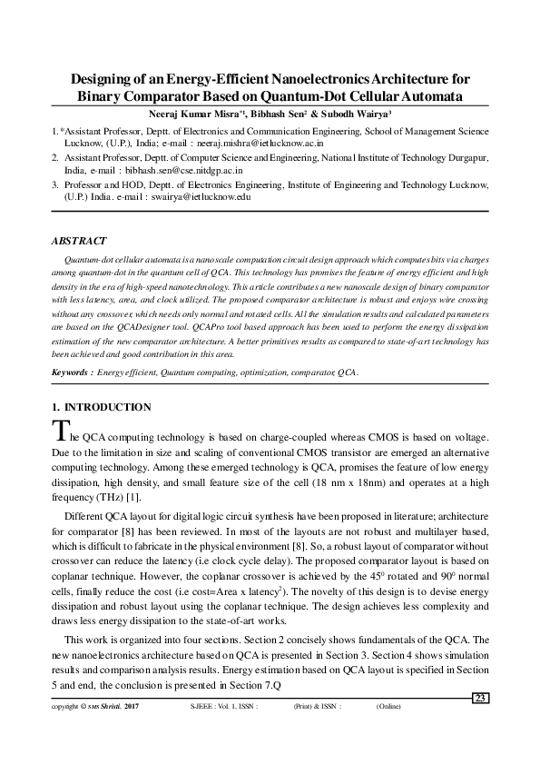 (PDF) Designing of an Energy-Efficient Nanoelectronics Architecture for Binary Comparator Based ...