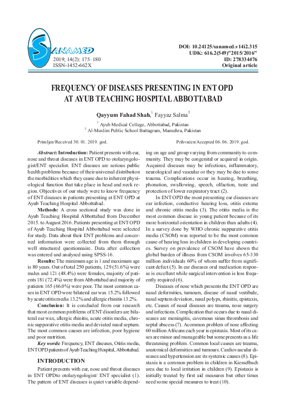 (PDF) FREQUENCY OF DISEASES PRESENTING IN ENT OPD AT AYUB TEACHING ...