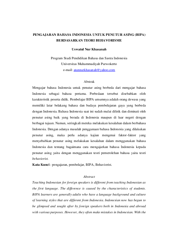 (DOC) PENGAJARAN BAHASA INDONESIA UNTUK PENUTUR ASING (BIPA) BERDASARKAN TEORI BEHAVORISME ...