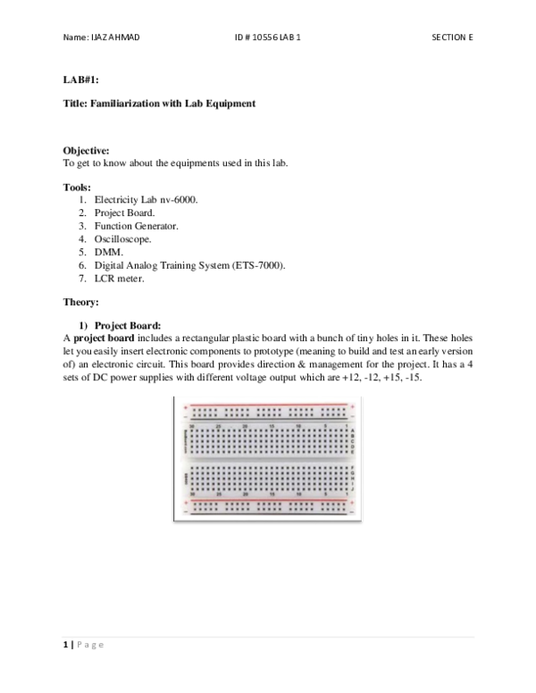 (DOC) Familiarization with Lab Equipment