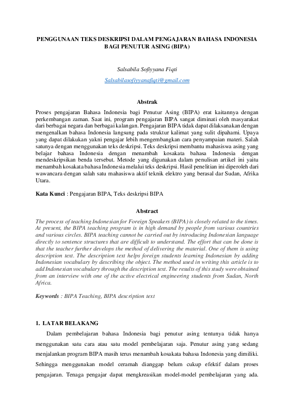 (DOC) PENGGUNAAN TEKS DESKRIPSI DALAM PENGAJARAN BAHASA INDONESIA BAGI PENUTUR ASING (BIPA