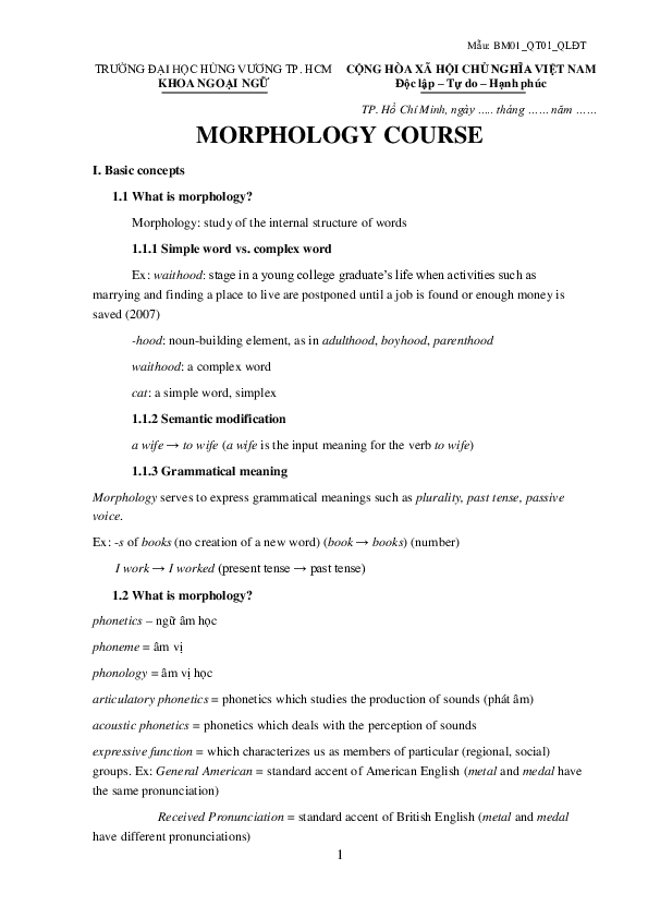 (DOC) MORPHOLOGY COURSE I. Basic concepts 1.1 What is morphology