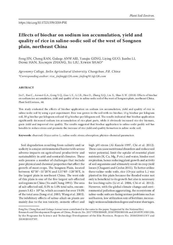 Pdf Effects Of Biochar On Sodium Ion Accumulation Yield And Quality Of Rice In Saline Sodic