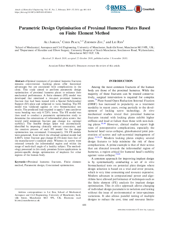 Pdf Parametric Design Optimisation Of Proximal Humerus Plates Based On Finite Element Method